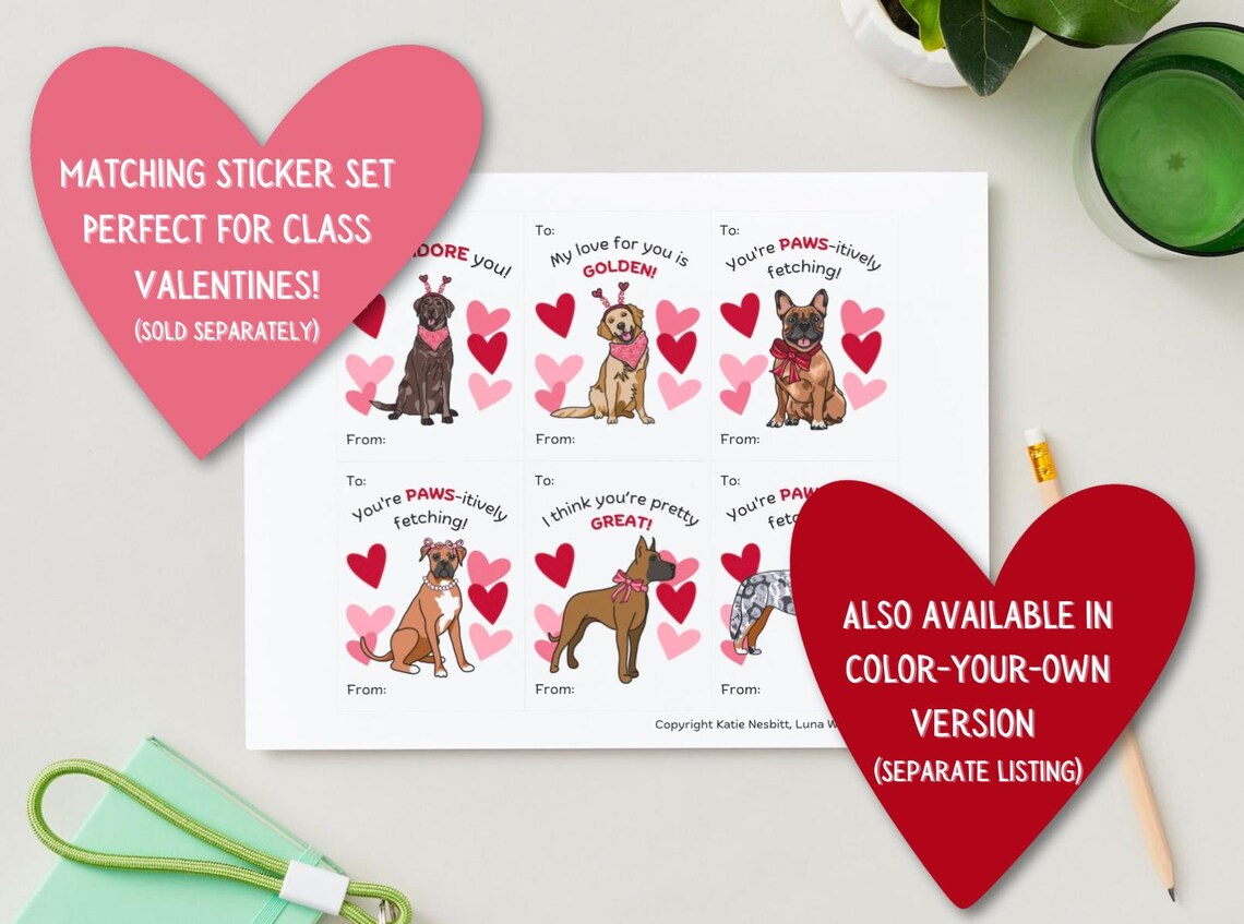 Printable Dog Valentine Cards Instant Download Print at Home Dog Class ...