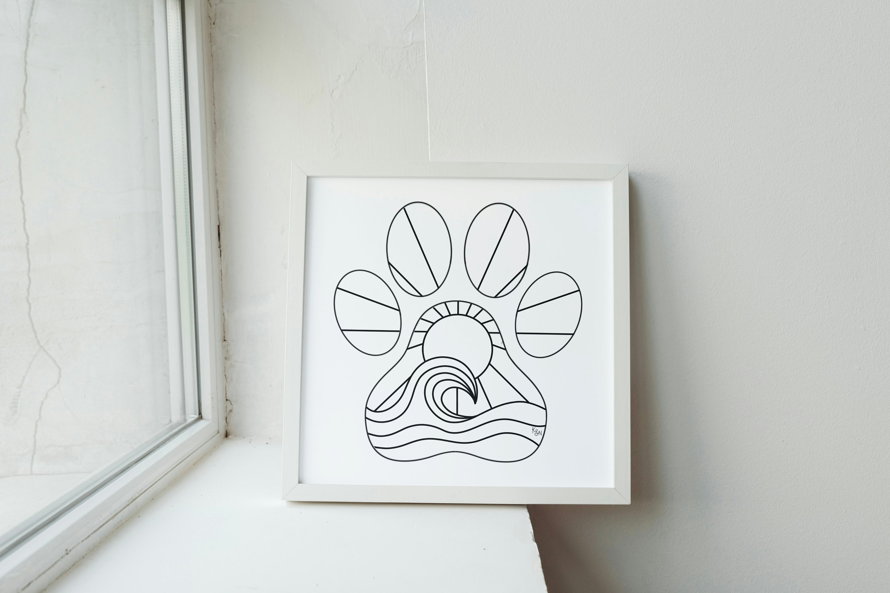 Ocean Wave Dog Paw Print Outline Art Pet Themed Illustration Home Decor ...