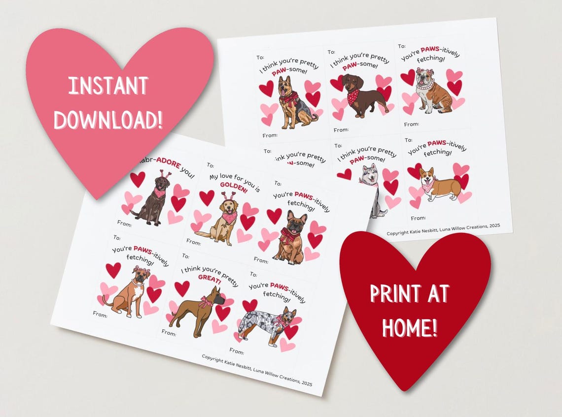 Printable Dog Valentine Cards Instant Download Print at Home Dog Class ...