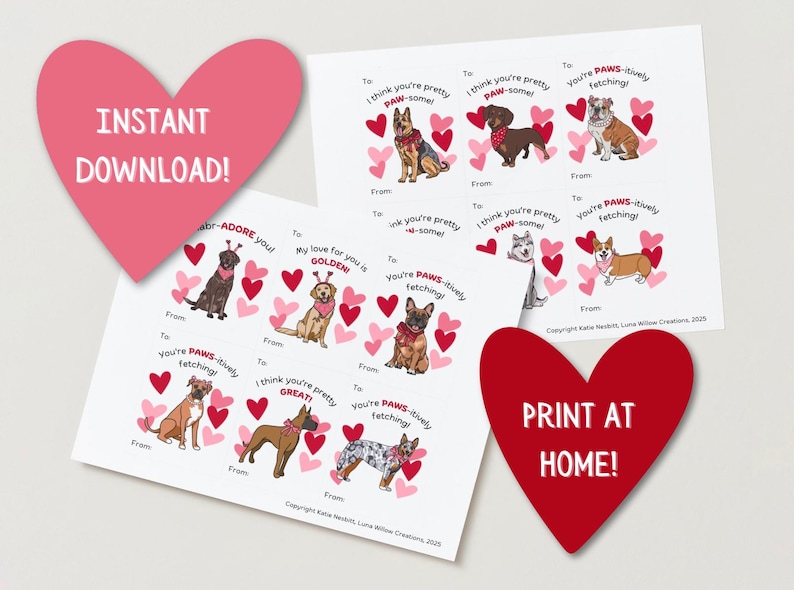 Printable Dog Valentine Cards Instant Download Print at Home Dog Class ...