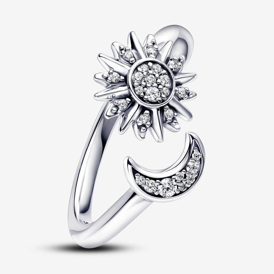 Pandora Sparkling Sun & Crescent Moon Open Ring 50/52/54/56/58/60 ...