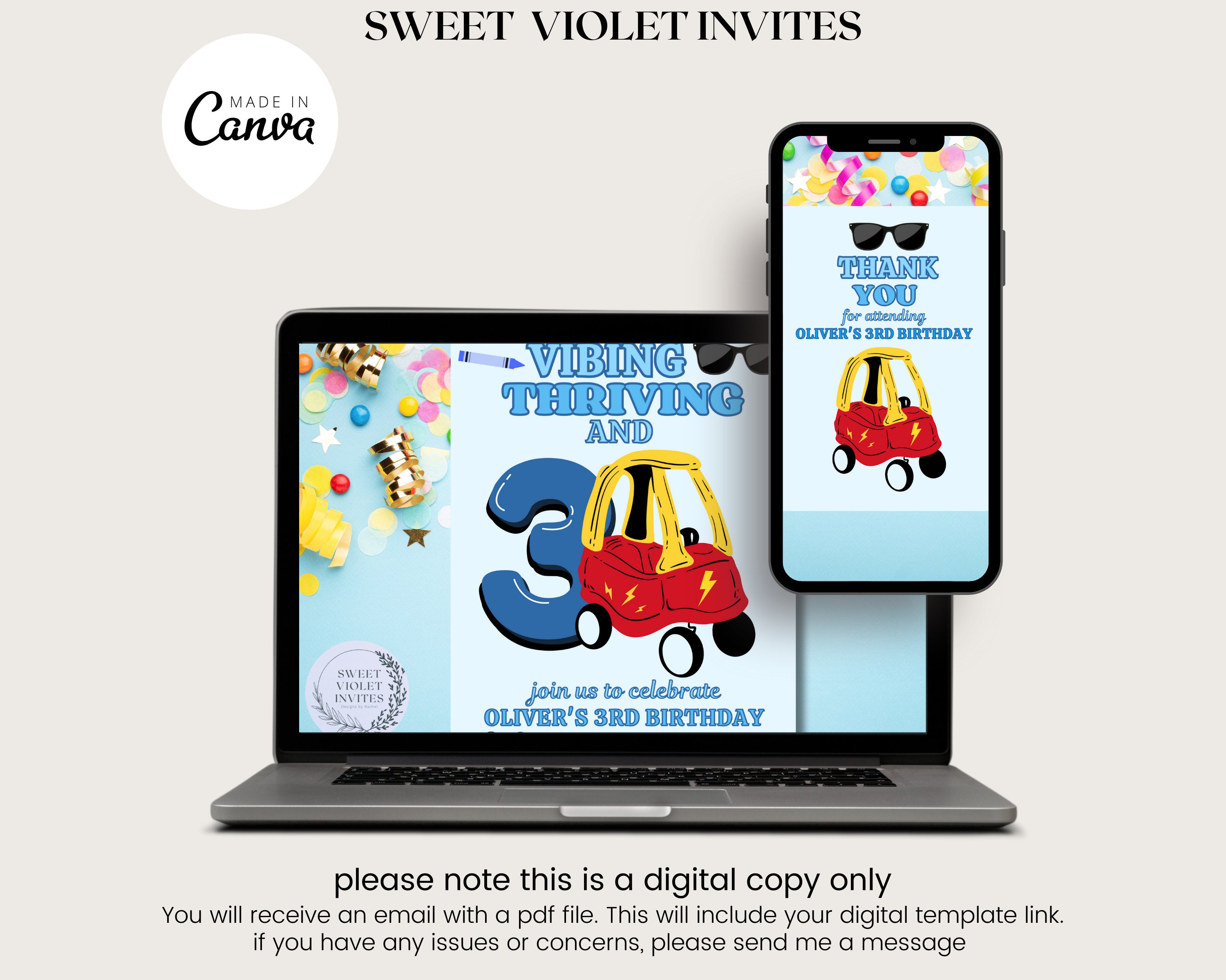 Blue Vibing Thriving and Three Birthday Party Invitation - Etsy