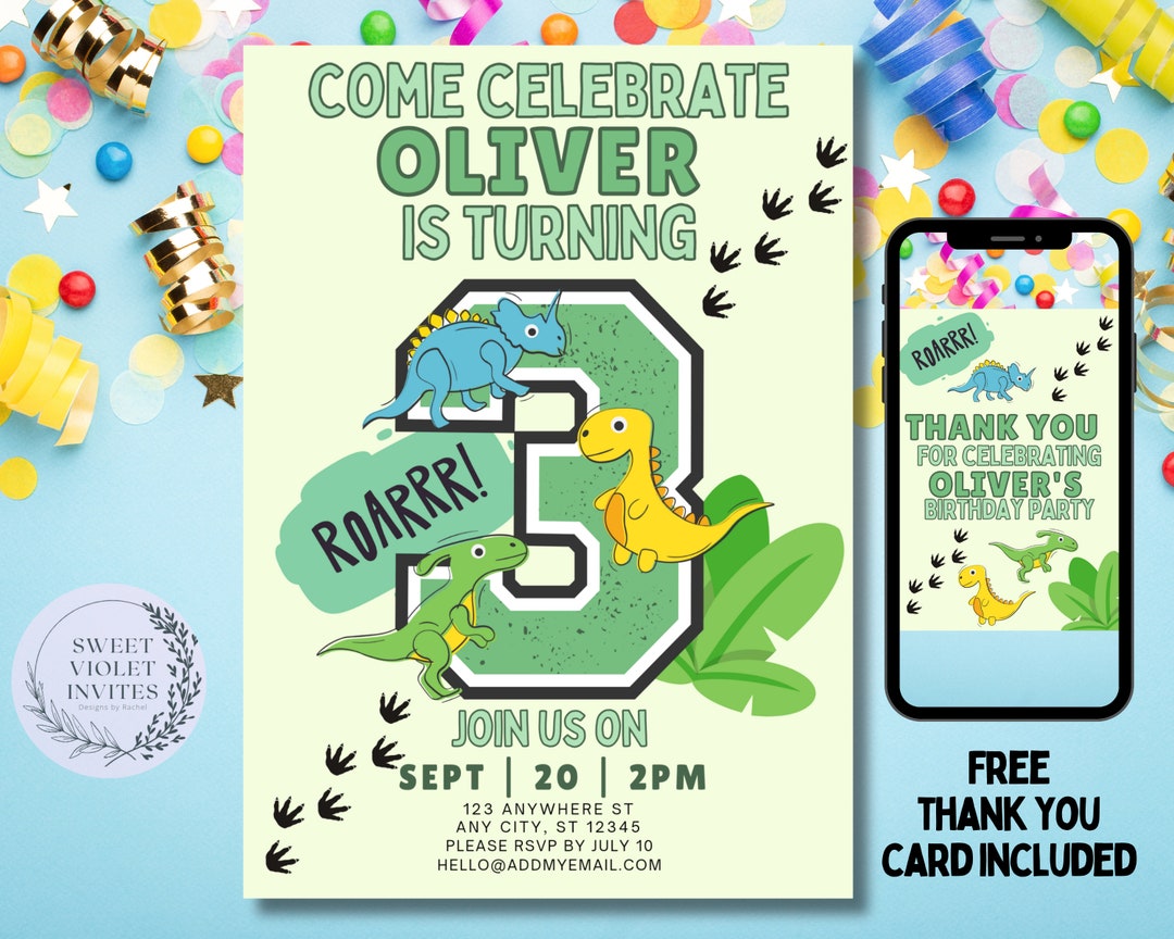 Dinosaur Third Birthday Party Invitation - Etsy