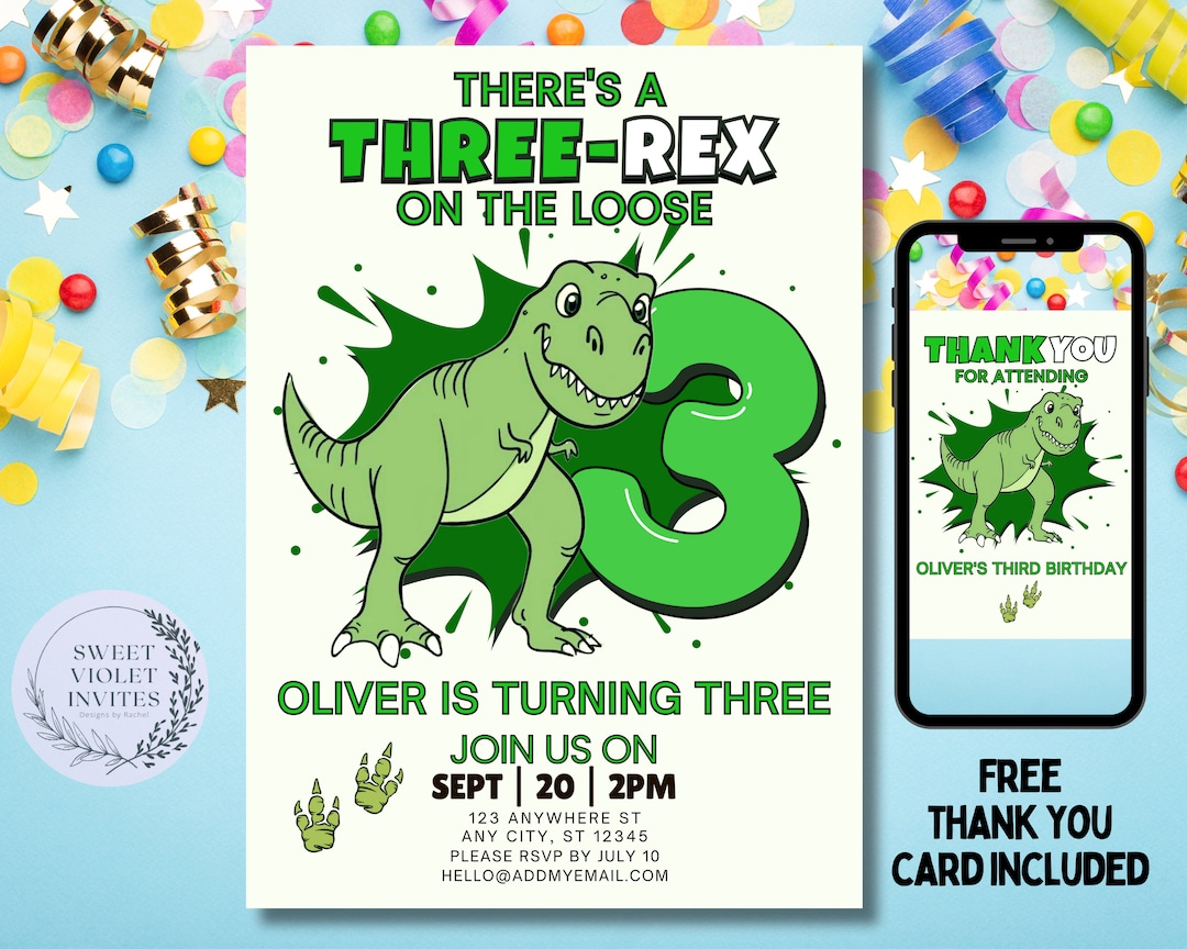 Three-rex Birthday Party Invitation - Etsy