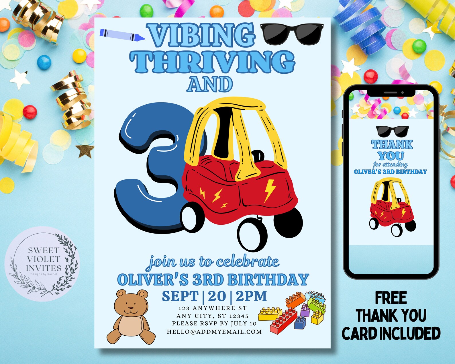 Blue Vibing Thriving and Three Birthday Party Invitation - Etsy