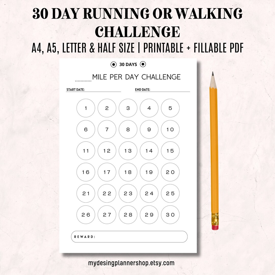 30 Day Running or Walking Challenge Printable, Digital Walking, Digital ...