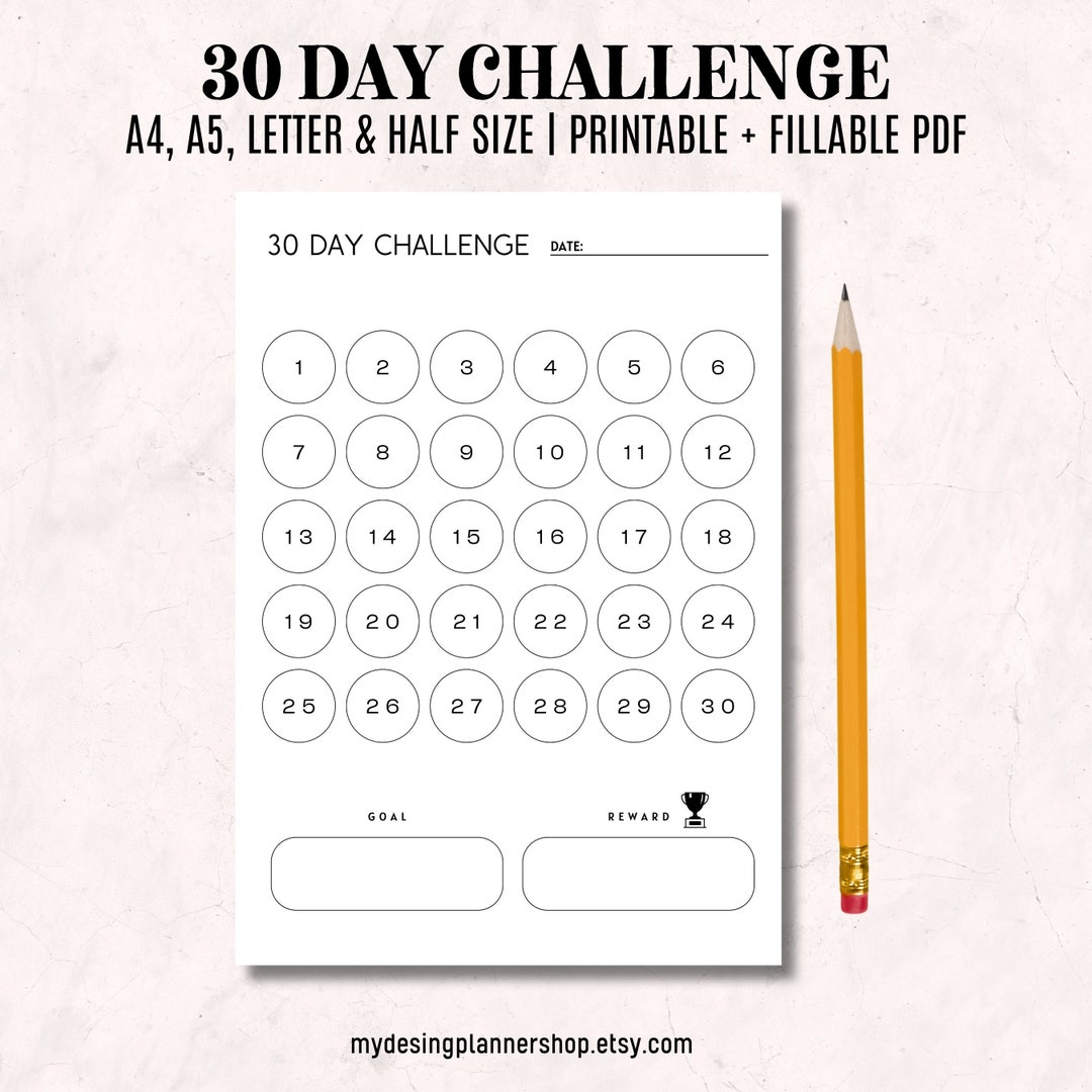 30 Day Challenge Printable, 30 Day Tracker, Progress Tracker, Goal ...