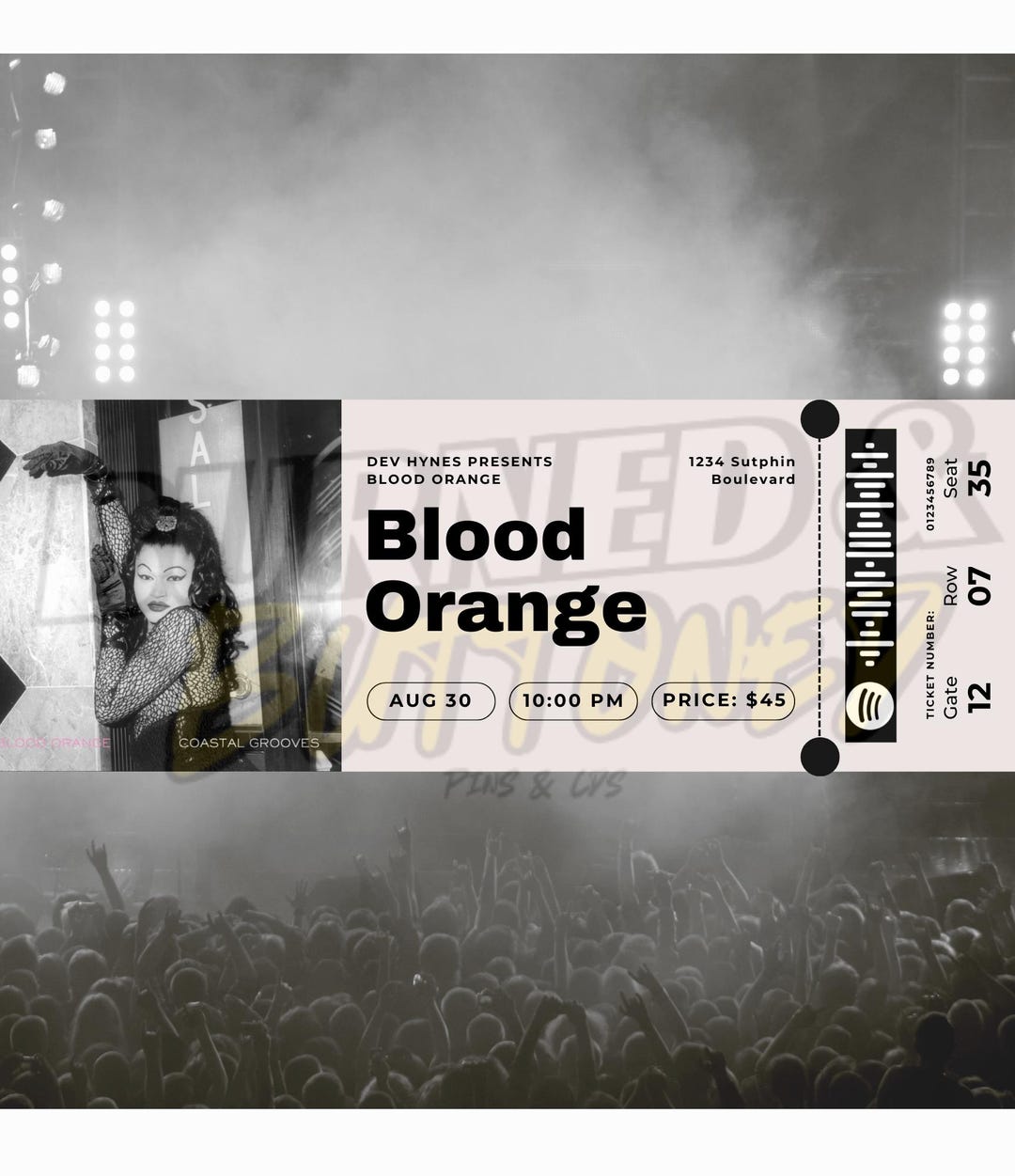 Blood Orange Concert Ticket Template Editable Retro PDF Stub Printable ...