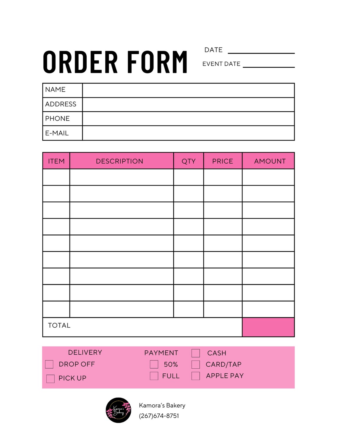 Cake Order Form Editable, Bakery Order Form Printable, Small Business ...