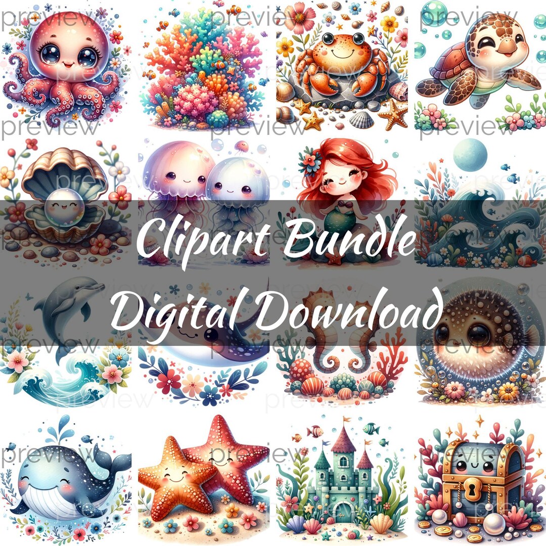 Underwater Wonders Clipart, Sea Life Clipart, Mermaid Clipart, Ocean ...