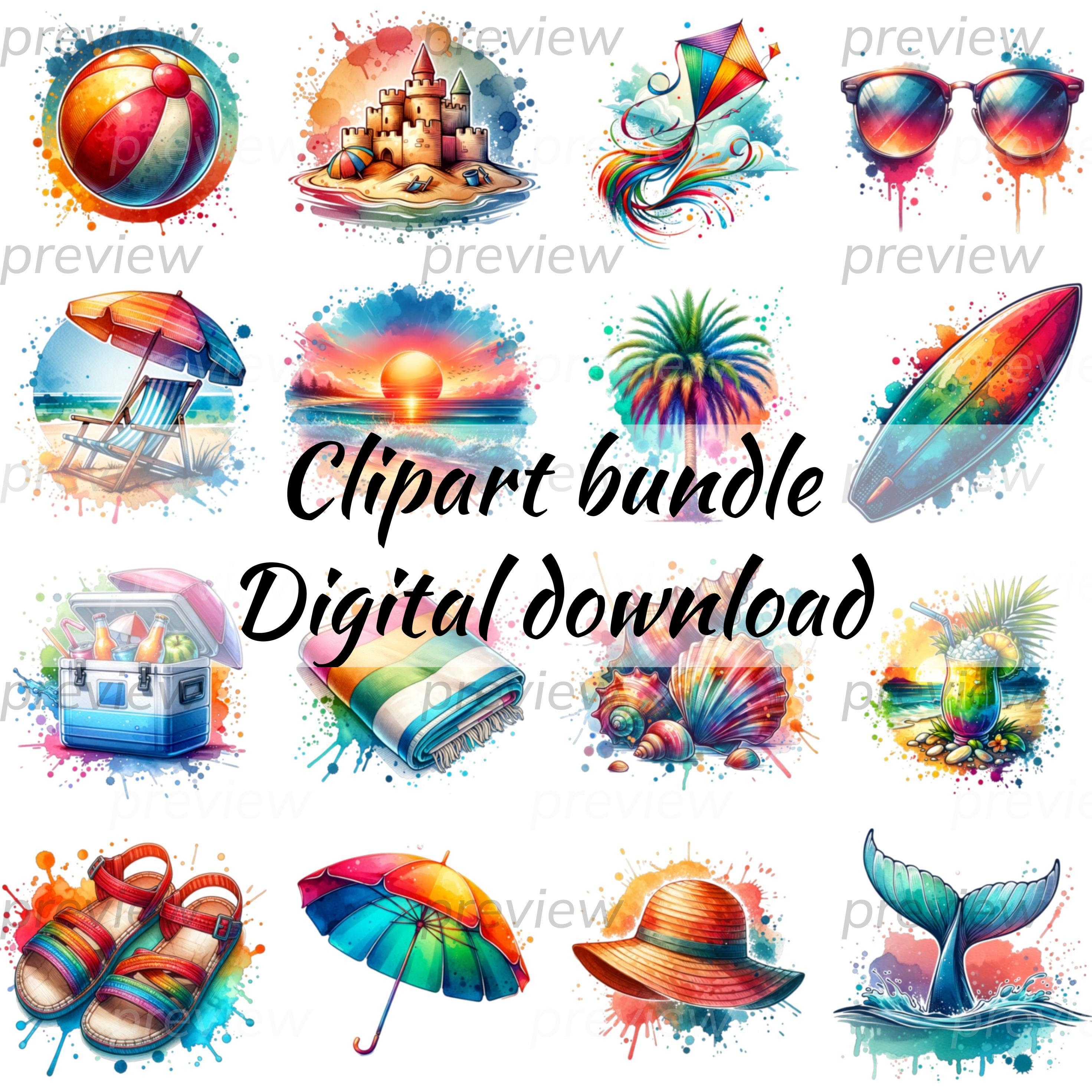 Beach Themed Watercolor Clipart, Beach Clipart, Cute Beach Clipart ...