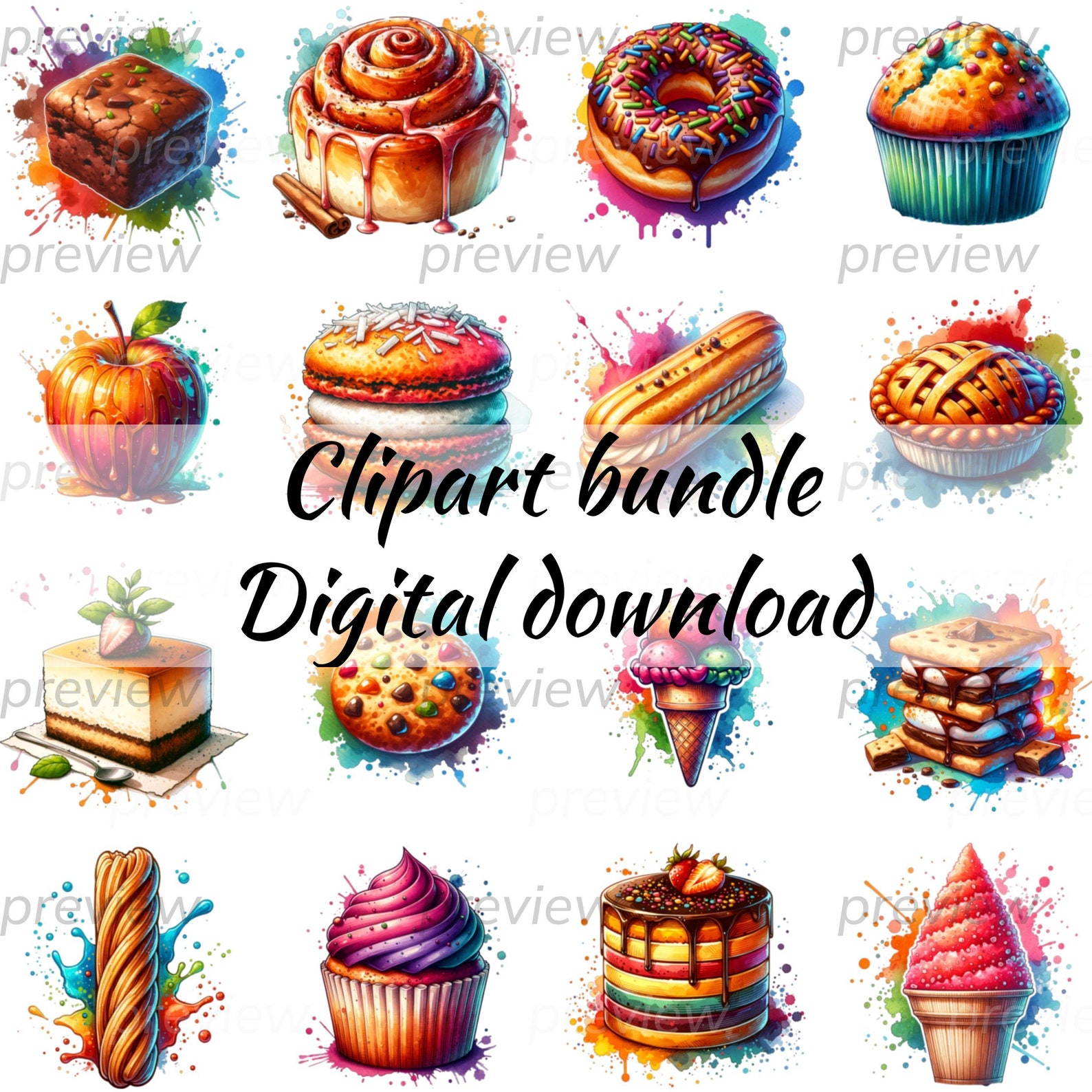 Sweet Treats Clipart, Watercolor Clipart Bundle, Dessert Clipart ...