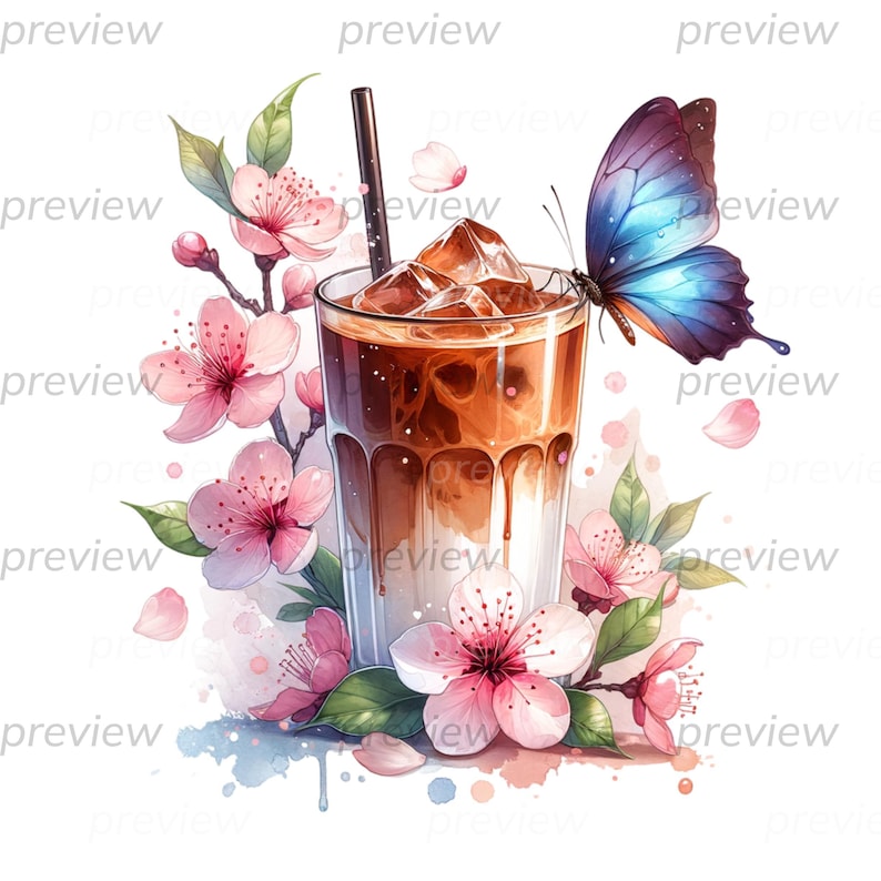 Iced Coffee Clipart, Floral Iced Coffee, Watercolor Clipart, Instant ...