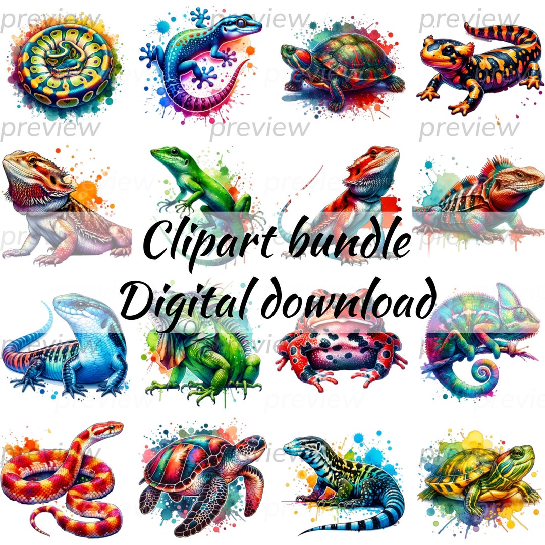 Reptile Watercolor Clipart Bundle, Lizard Gecko Turtle Snake Iguana ...