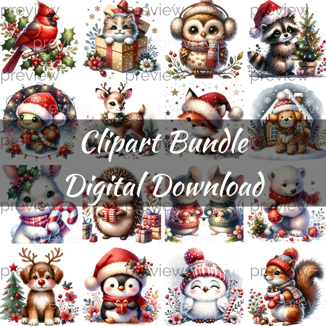 Christmas Critters Clipart, Christmas Clipart, Winter Animals, Cute ...