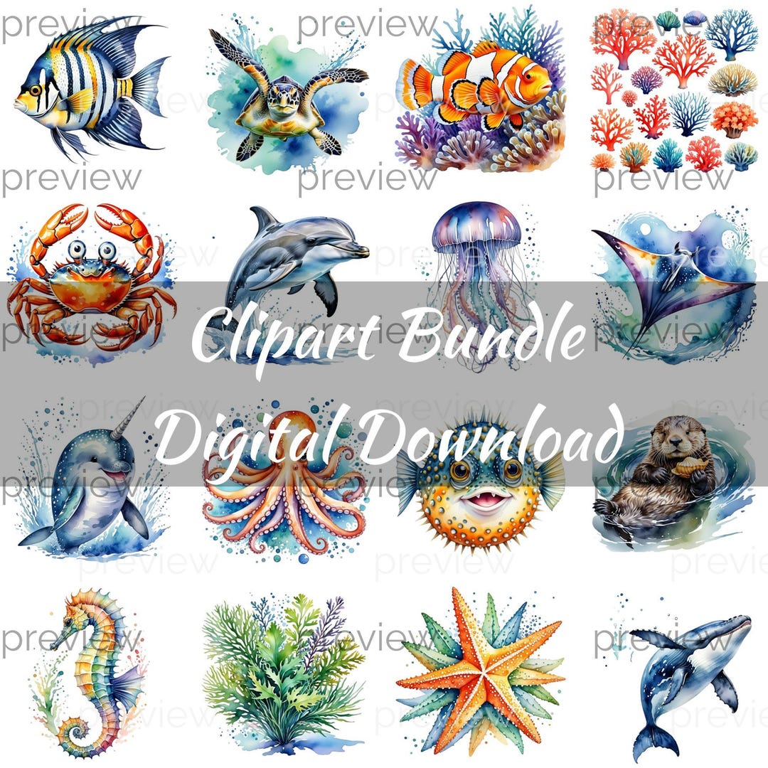 Watercolor Sea Life Clipart Bundle | Ocean Animals Marine Creatures ...