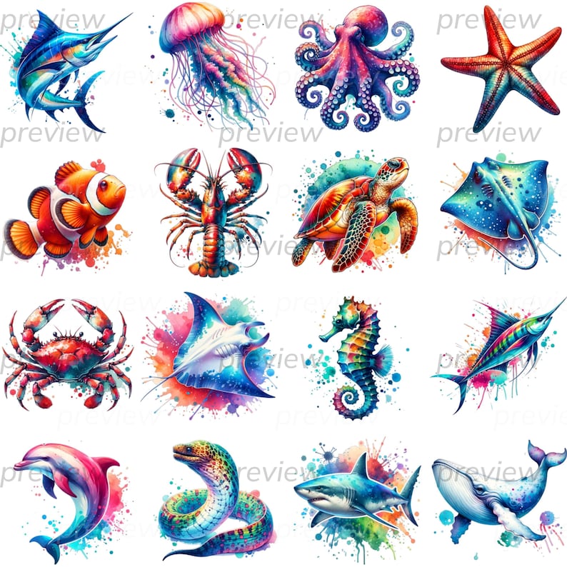 Ocean Life Watercolor Clipart Bundle: Sea Animals (digital Download) - Etsy