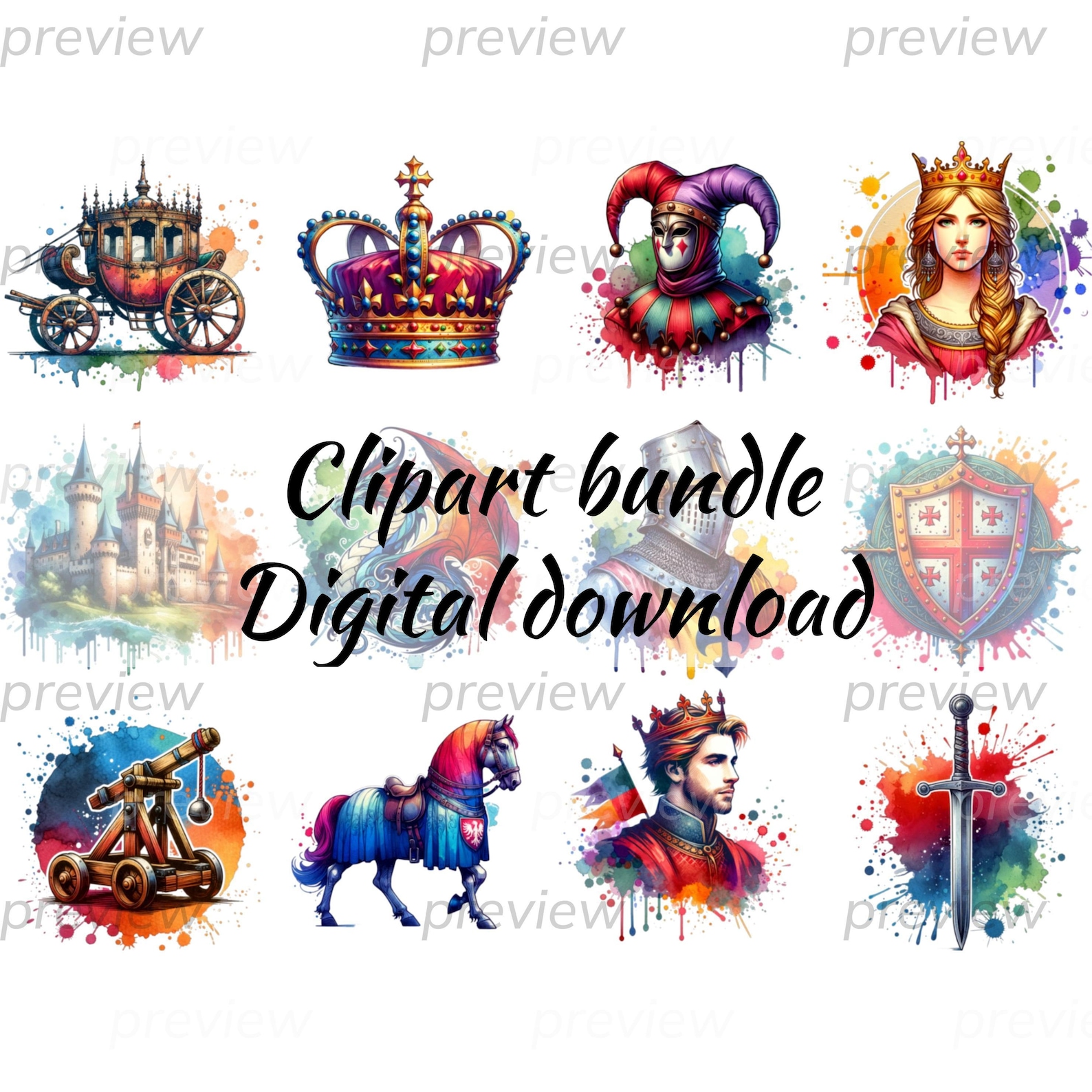 Medieval Times Clipart, Watercolor Clipart, Printable Clipart, Clipart ...