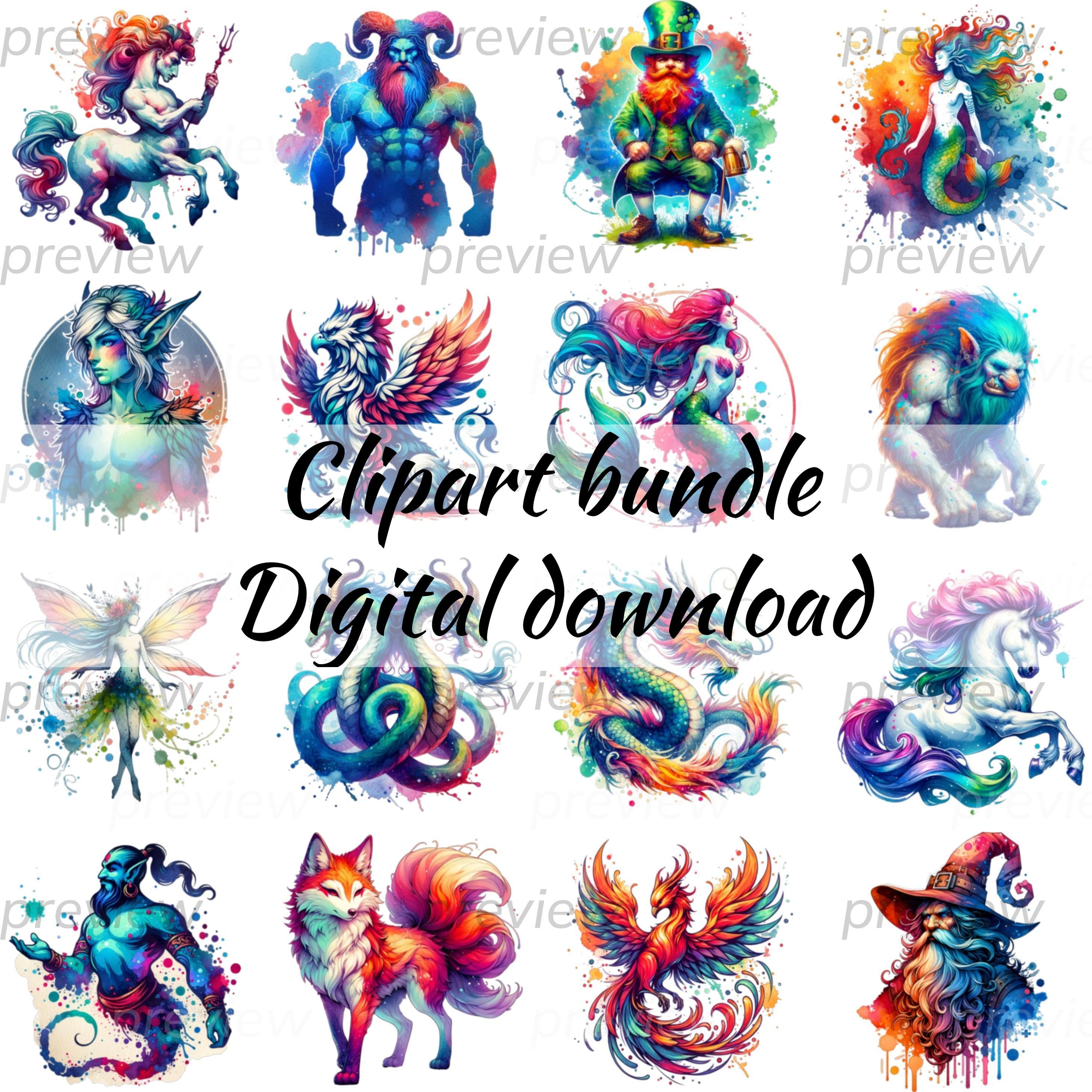 Mythical Creatures Clipart Bundle, Watercolor Clipart, Fantasy Clipart ...