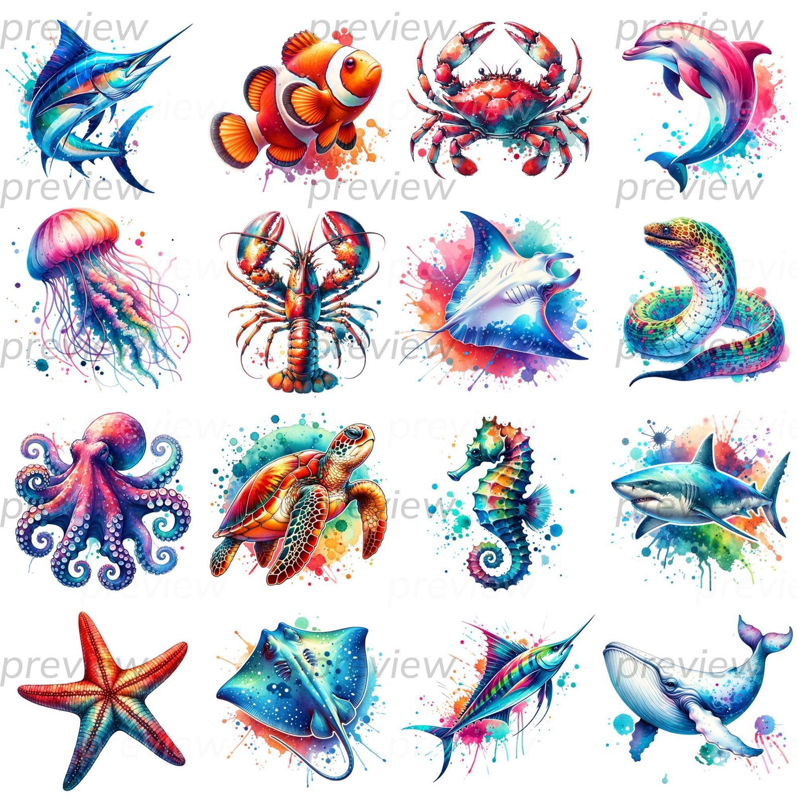 Ocean Life Watercolor Clipart Bundle: Sea Animals (digital Download) - Etsy