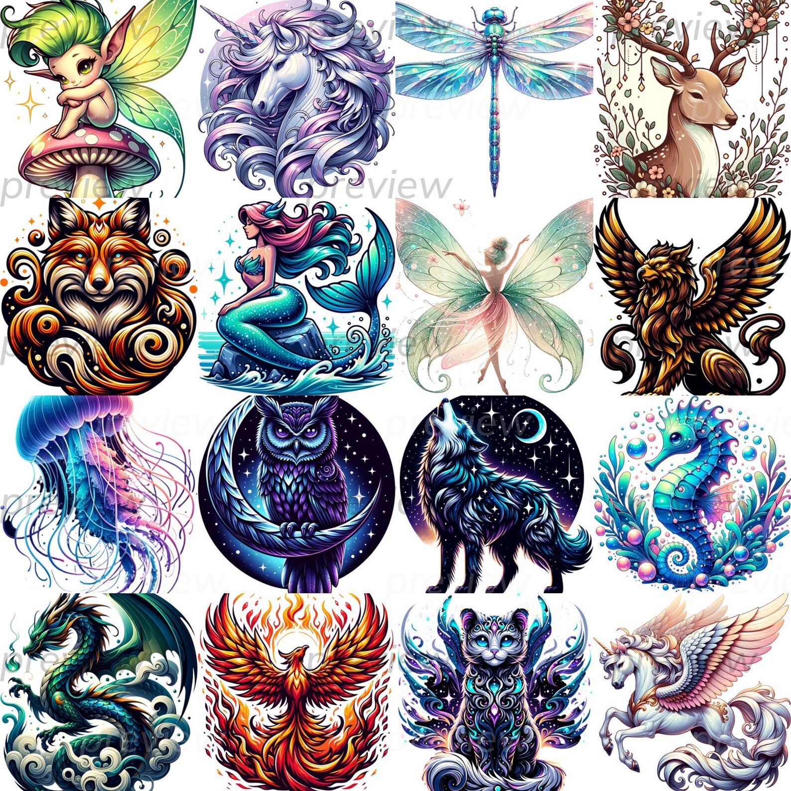Enchanting Magical Creatures Clipart Bundle: Fantasy PNG Illustrations ...