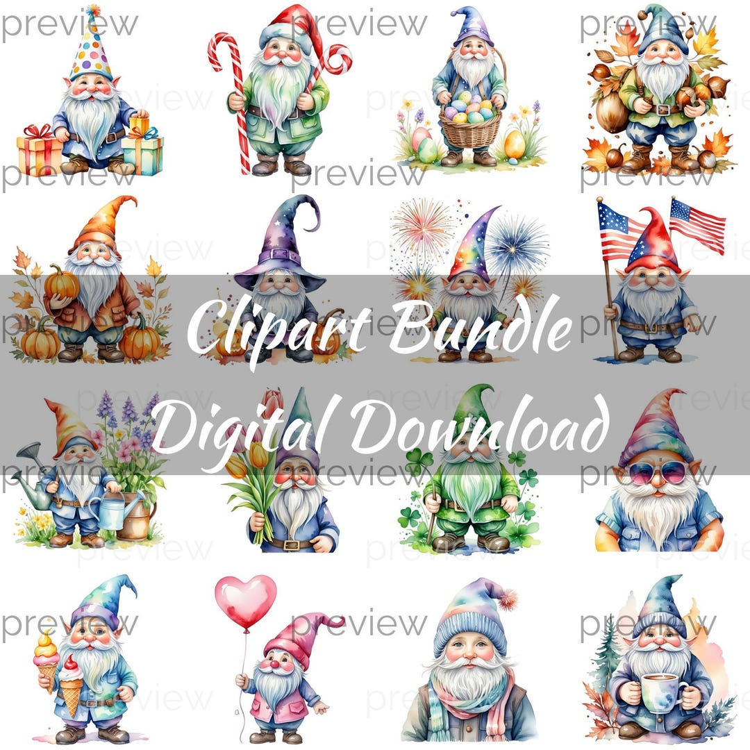 Seasonal Gnomes Clipart - Watercolor Clipart - Clipart Bundle ...