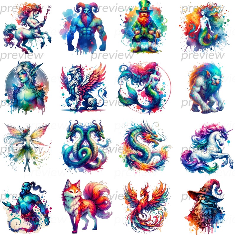Mythical Creatures Clipart Bundle, Watercolor Clipart, Fantasy Clipart ...