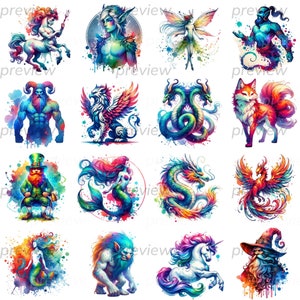 Mythical Creatures Clipart Bundle, Watercolor Clipart, Fantasy Clipart ...
