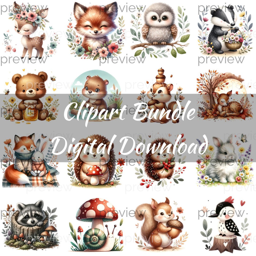 Adorable Woodland Creatures Clipart Set, Woodland Animals, Png Bundle ...