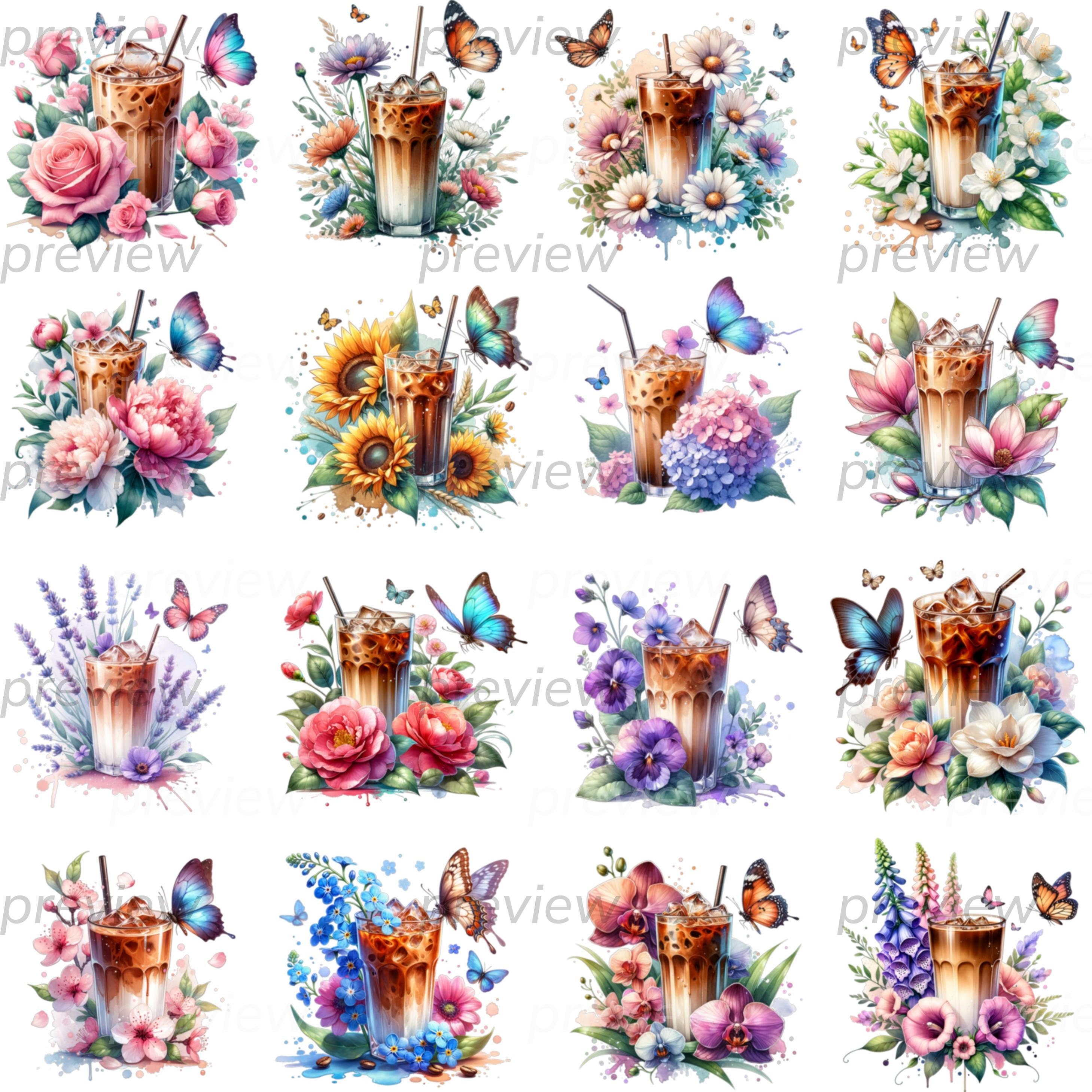 Iced Coffee Clipart, Floral Iced Coffee, Watercolor Clipart, Instant ...