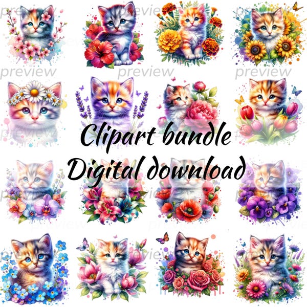 Floral Kitten Clipart - Etsy