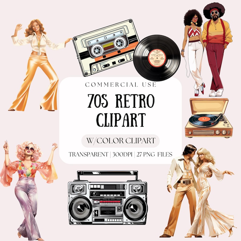 Hippie 70s Clipart | Retro Png Bundle Cartoon Characters | 70s Png | Disco 70s Png | Retro Disco ...