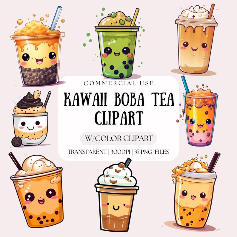 Kawaii Boba Tea Clipart | 37 PNG Files, Sticker Download - Etsy