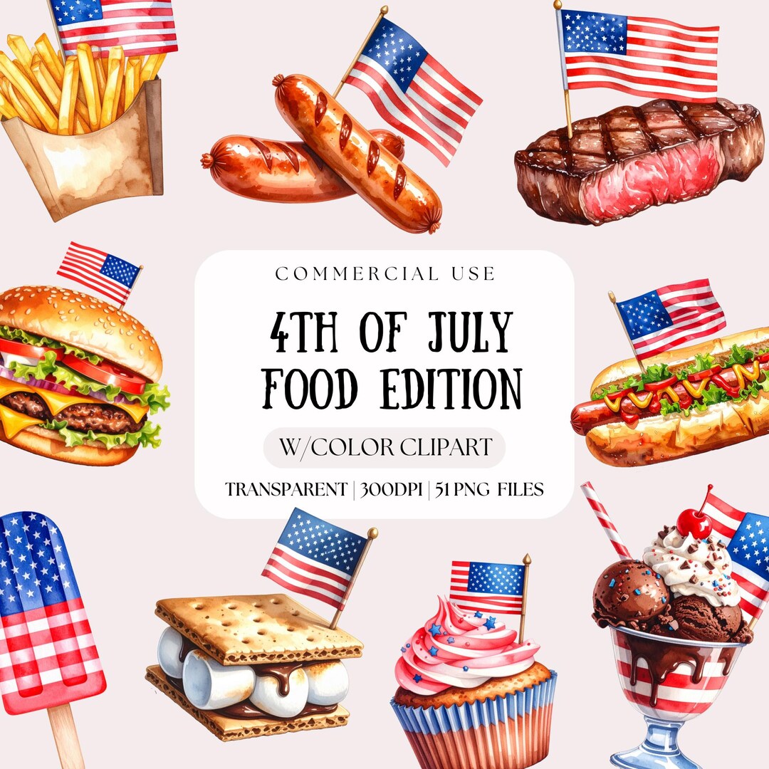 4th of July Food Clipart | Watercolor USA Patriotic Stickers (digital ...