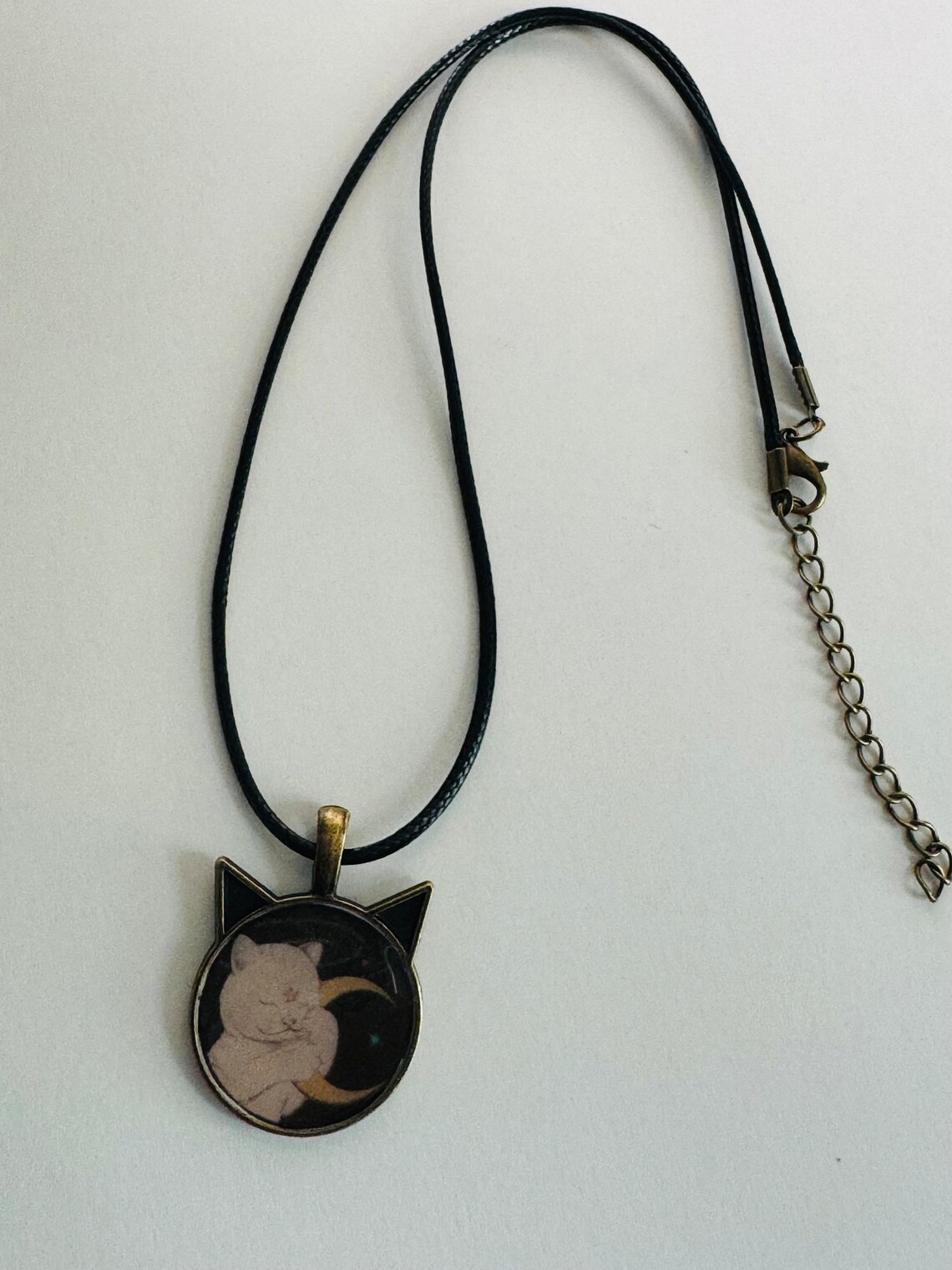 Moon Kitty Print Bronze Cat Pedant on Rope Necklace Handmade, Fairy ...