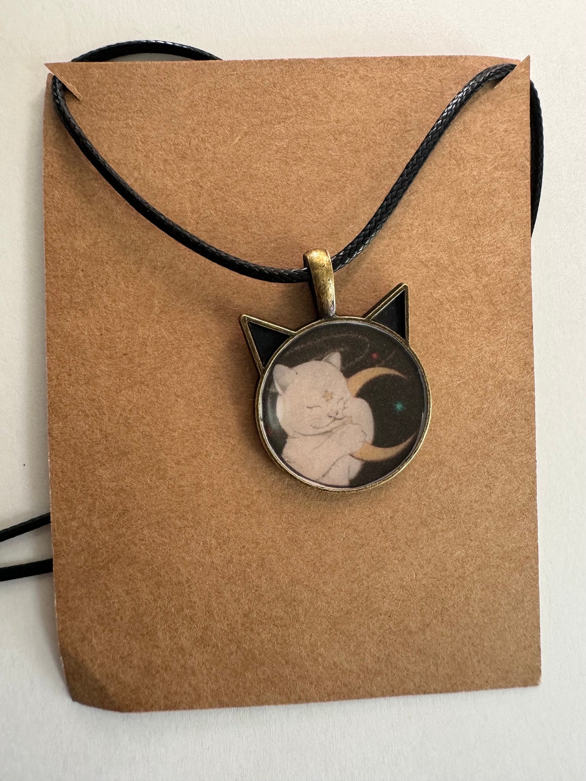 Moon Kitty Print Bronze Cat Pedant on Rope Necklace Handmade, Fairy ...