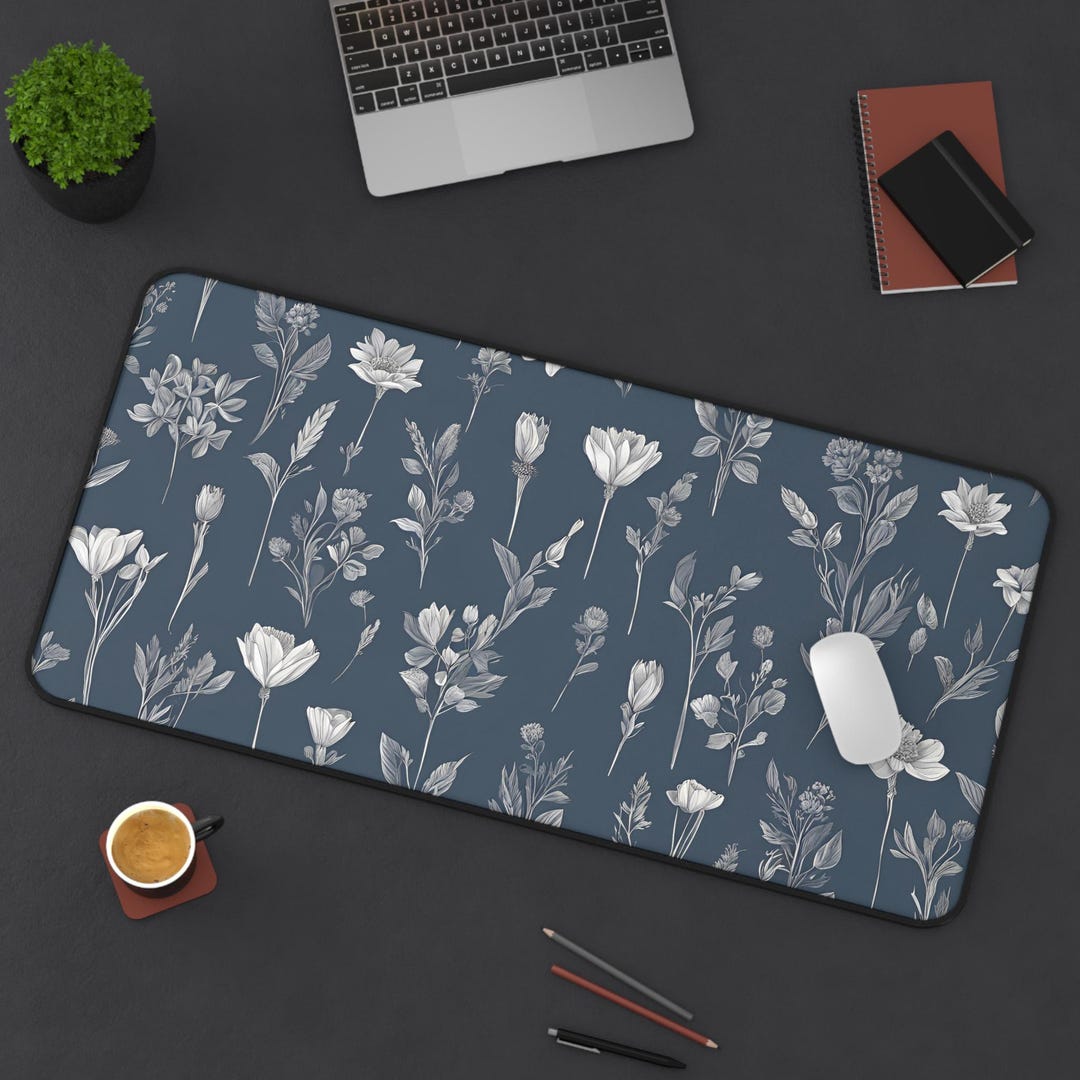 Elegant Navy Desk Mat With White Floral Design Large Desk Mat for ...