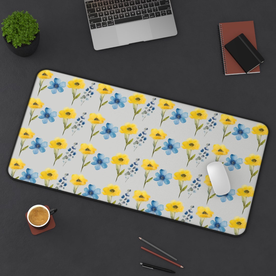 Desk Mat Floral Blue and Yellow Desk Mat for Workspace Wildflower Desk ...