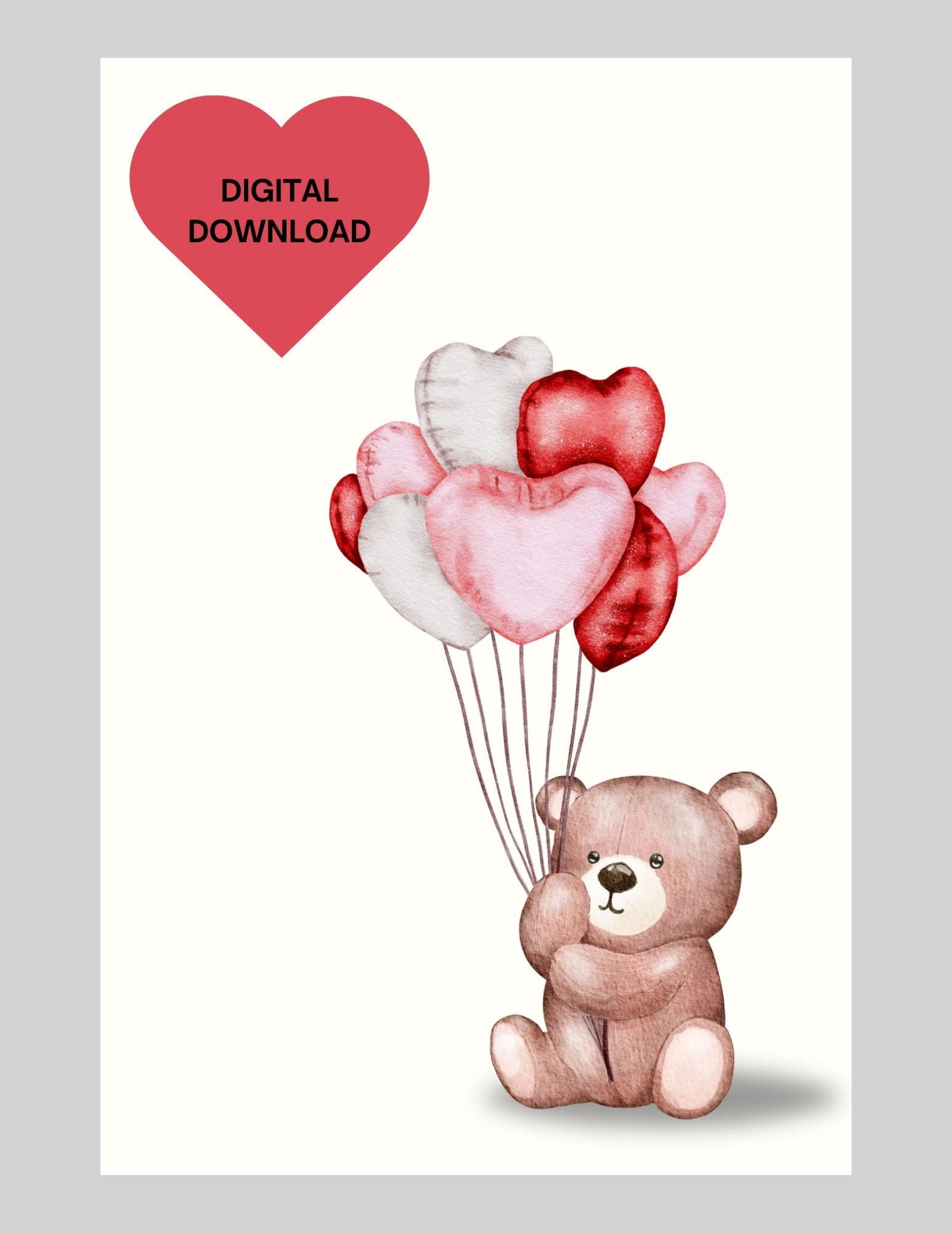 Cute Teddy Bear Valentine's Day Card 4 in X 6 in DIGITAL DOWNLOAD ...