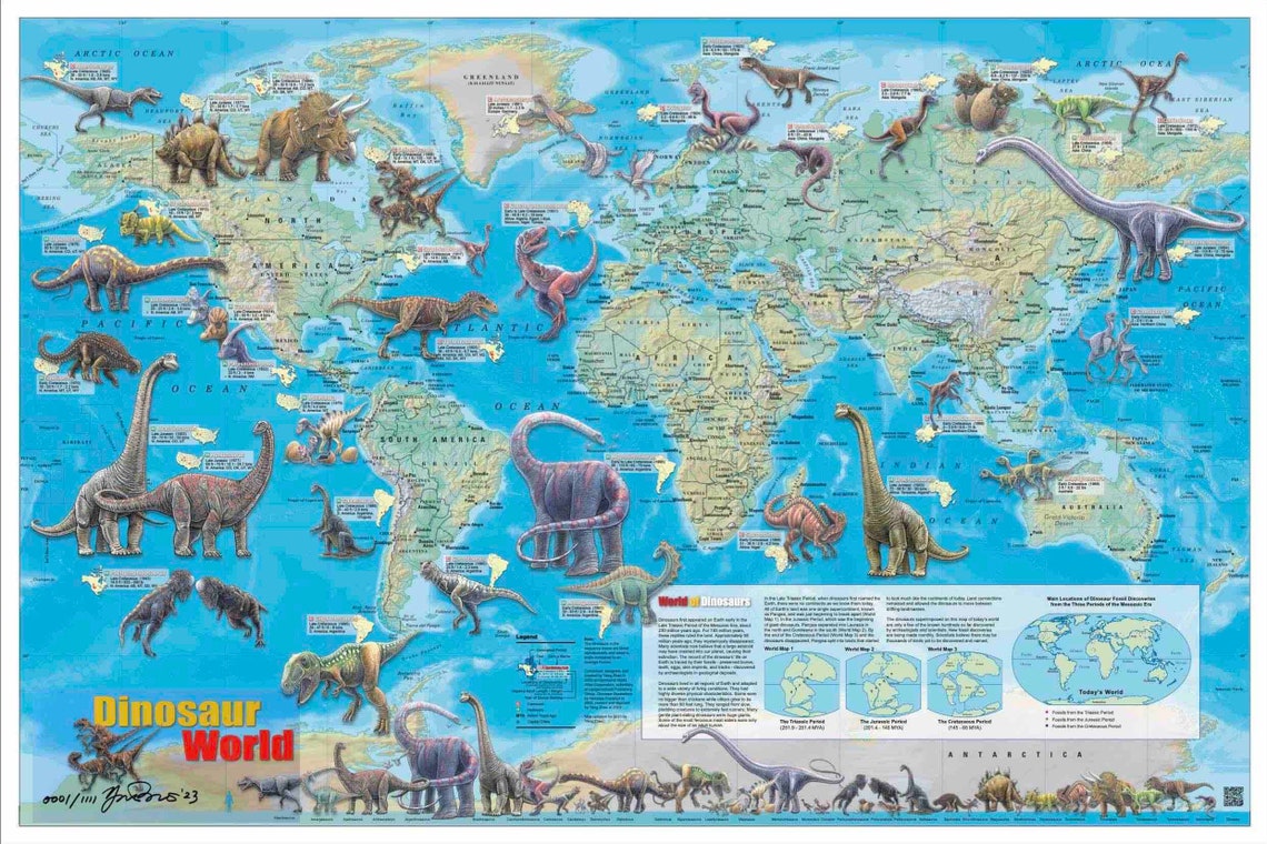 Dinosaur World Map Signed Limited Print Poster 2'x3' Heavyweight Paper ...