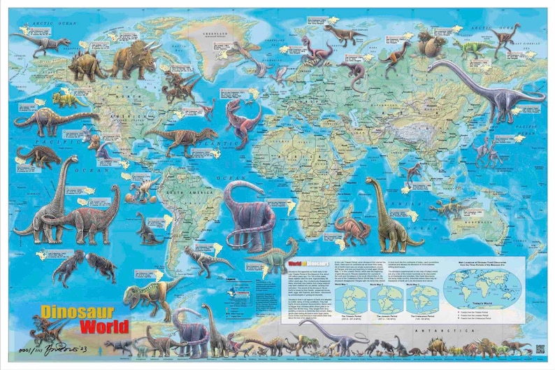 Dinosaur World Map Signed Limited Print Poster 2'x3' Heavyweight Paper ...