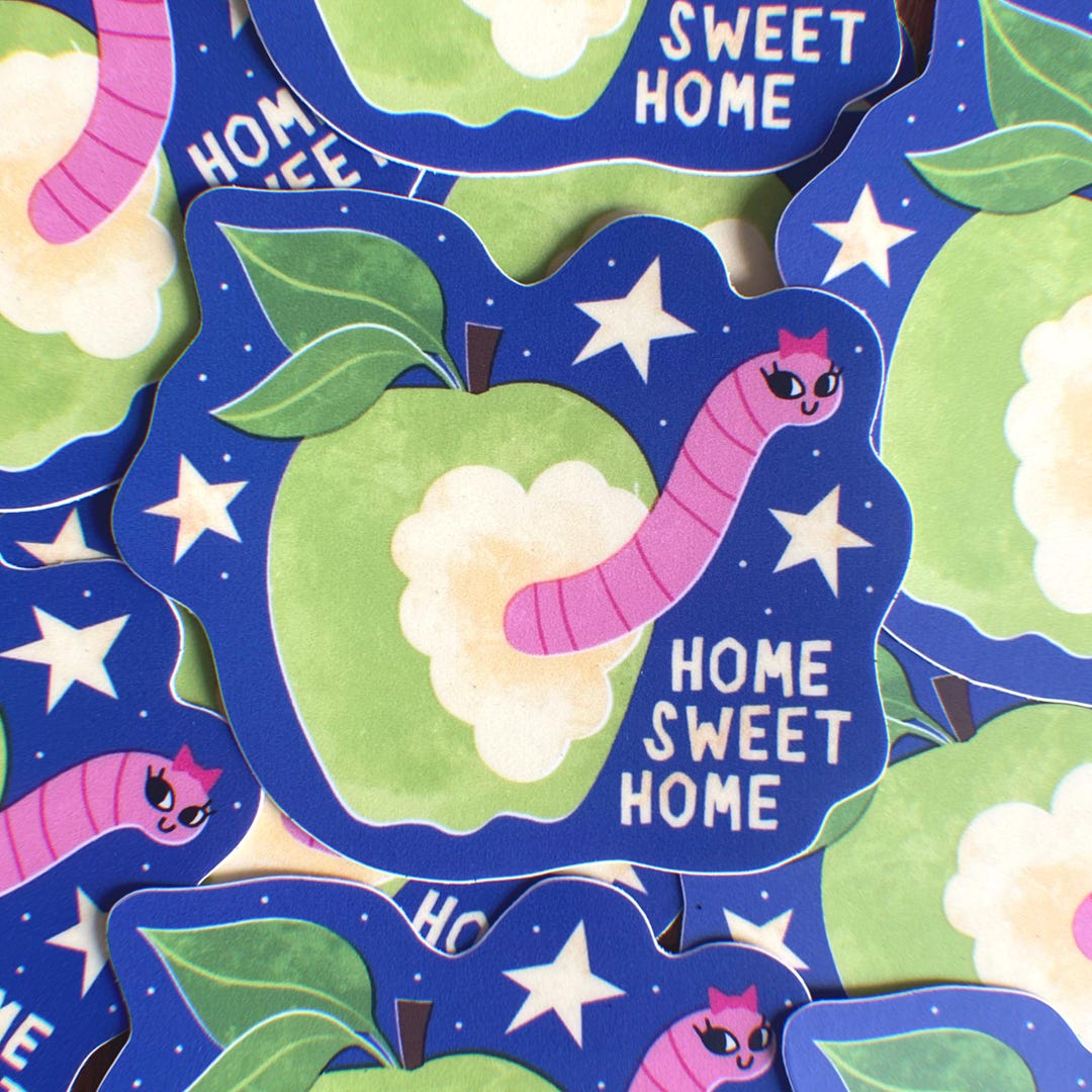 Worm in Apple Sticker | Cute Kawaii Aesthetic | Cottagecore Vinyl ...