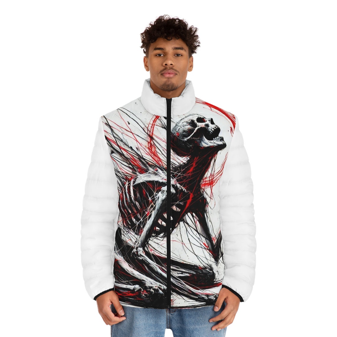 Men's Puffer Edgy Skeleton Jacket, Gothic Punk Style Zip-up, Unique ...