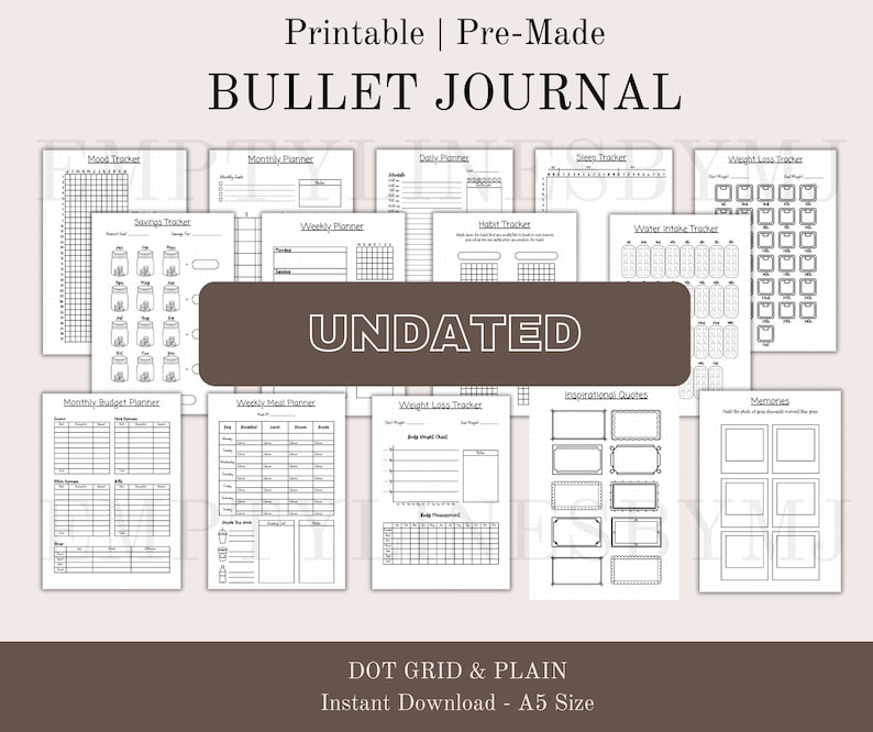 Undated Pre-made Bullet Journal Printable, Printable Journal Trackers ...