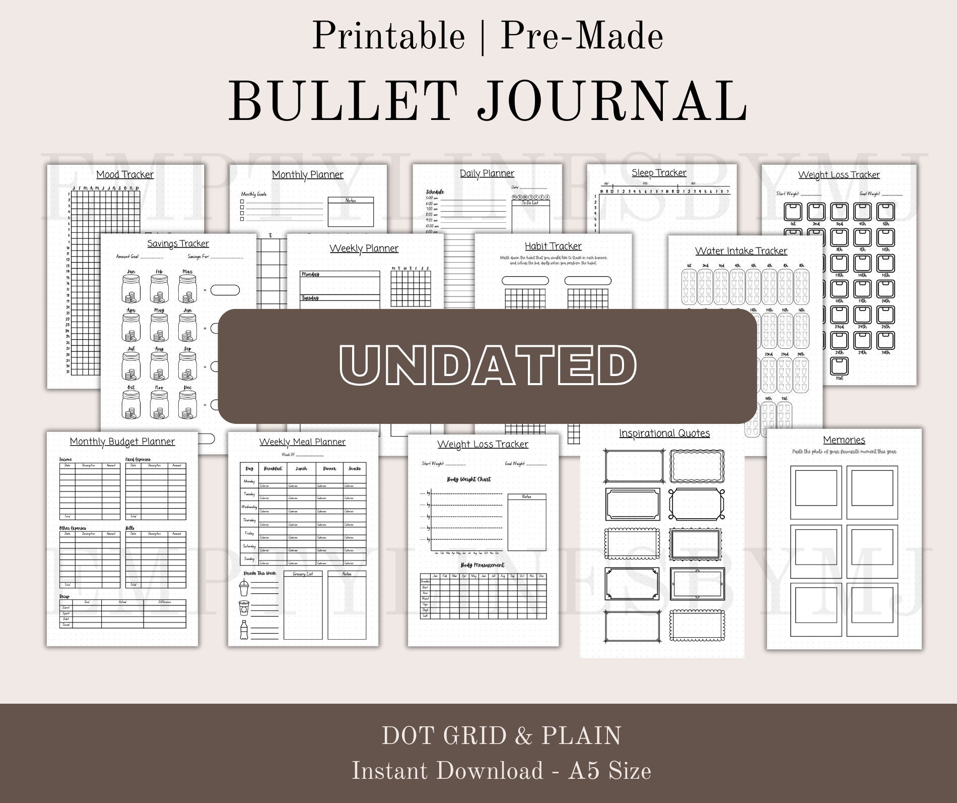 Undated Pre-made Bullet Journal Printable, Printable Journal Trackers ...