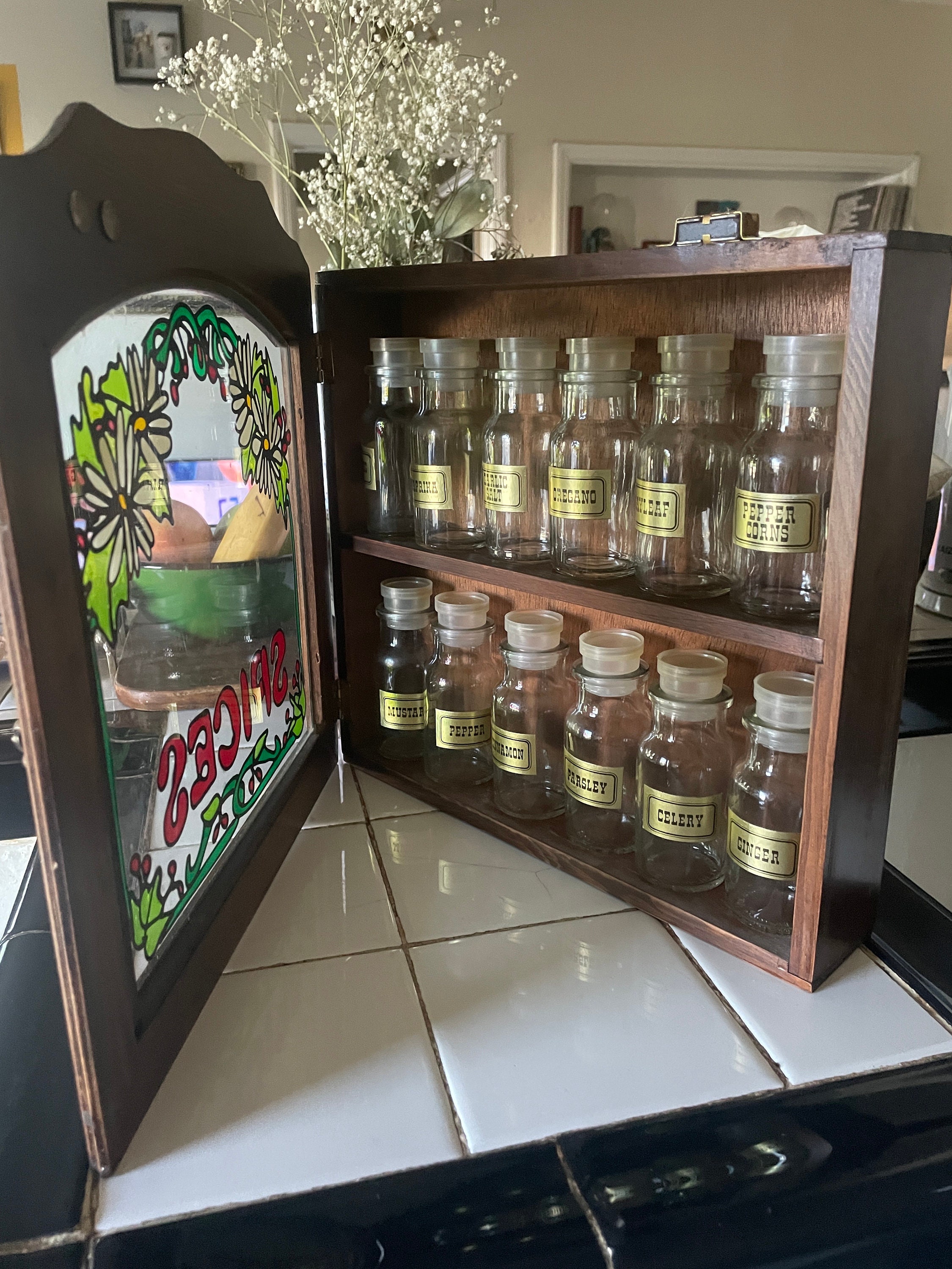 Vintage Stained Glass Spice Rack With Glass Jars - Etsy