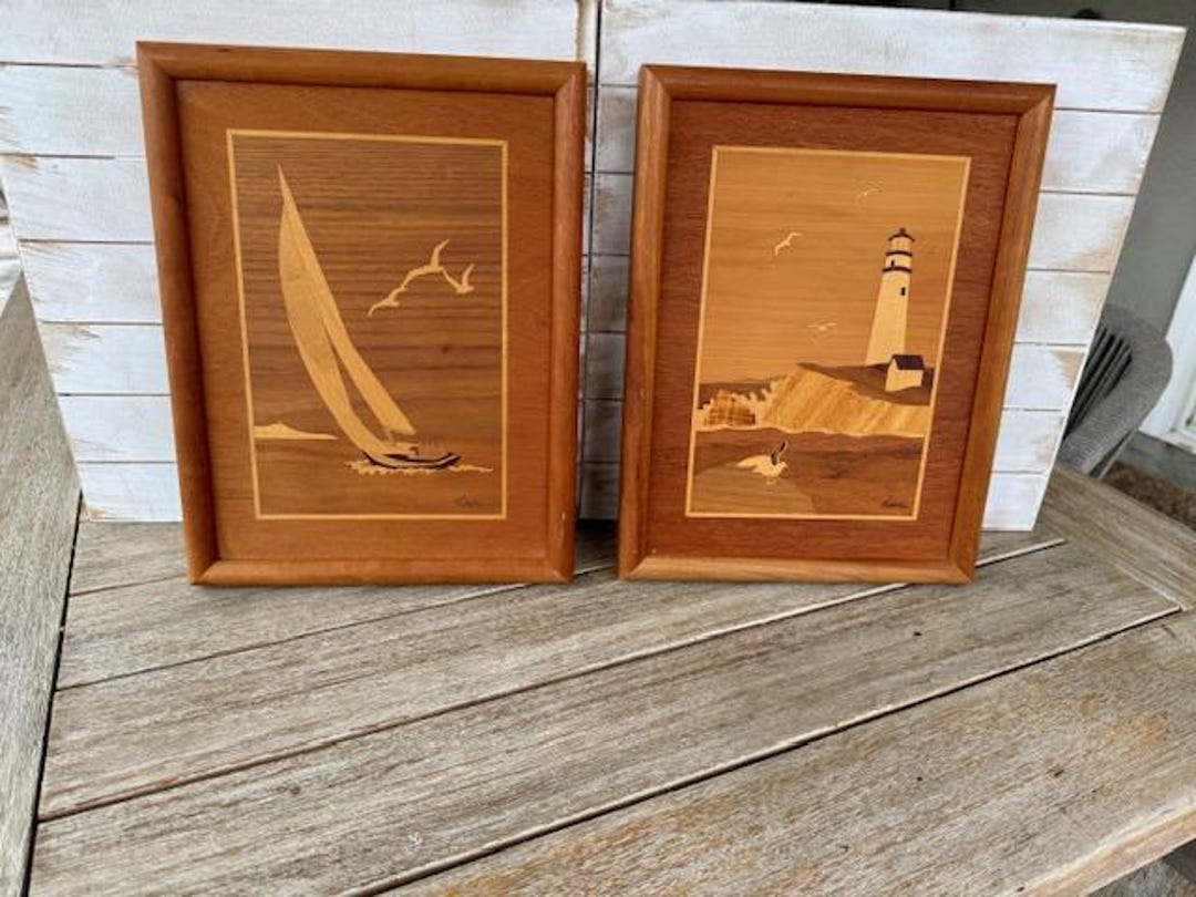 Set of Two Jeff Nelson Marquetry Signed Wood Art. Sail Boat and ...
