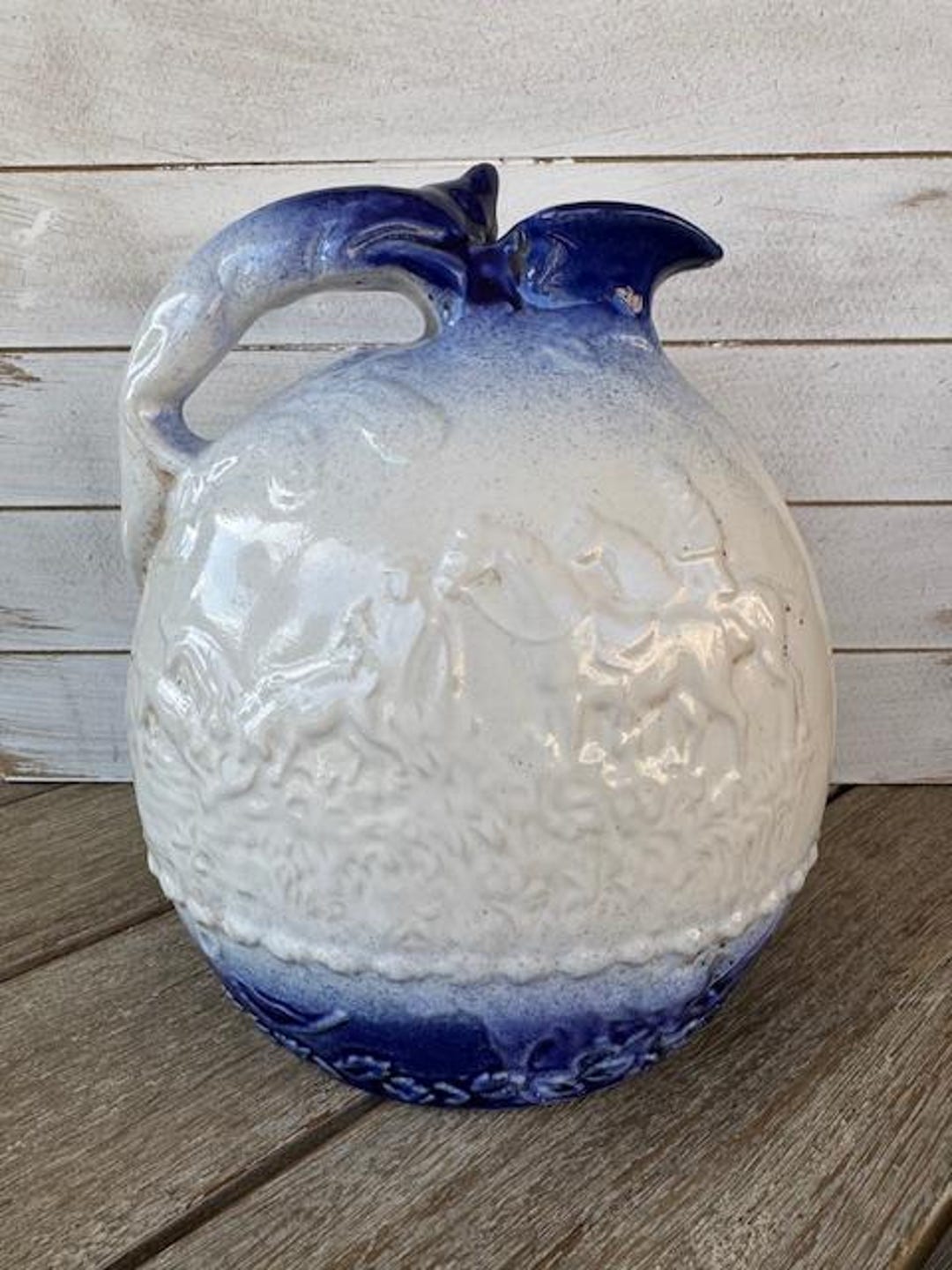Vintage Cobalt Blue and White Arthur Wood Rockingham Jug W/ Hunting Fox ...