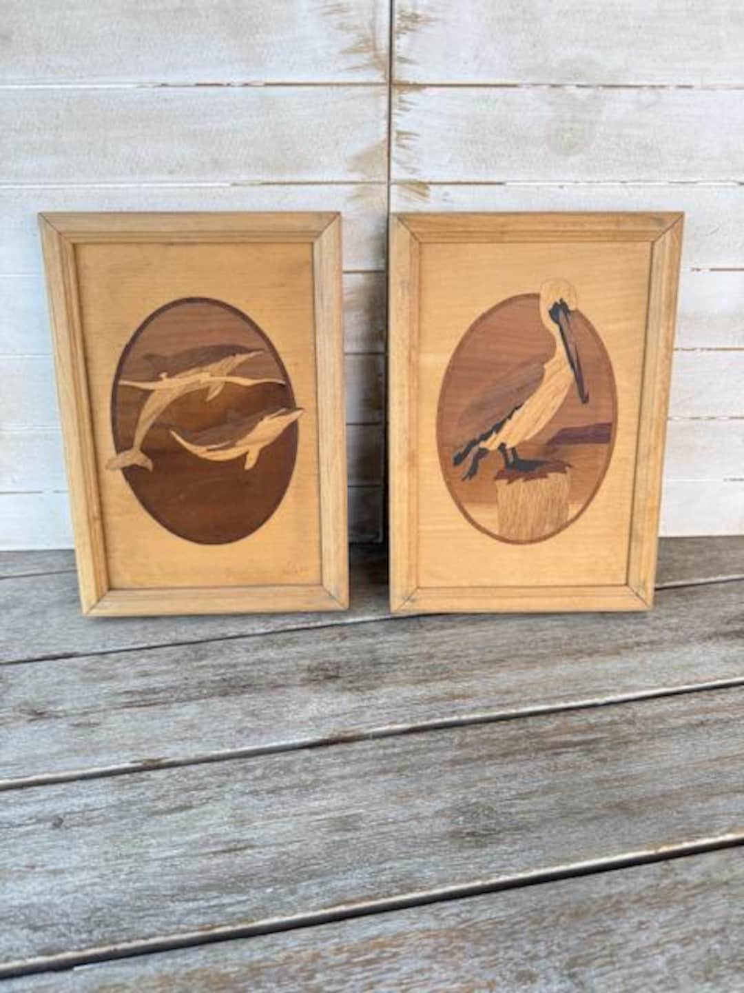 Vintage Hudson River Inlay Art, Dolphin & Pelican Wood Marquetry ...