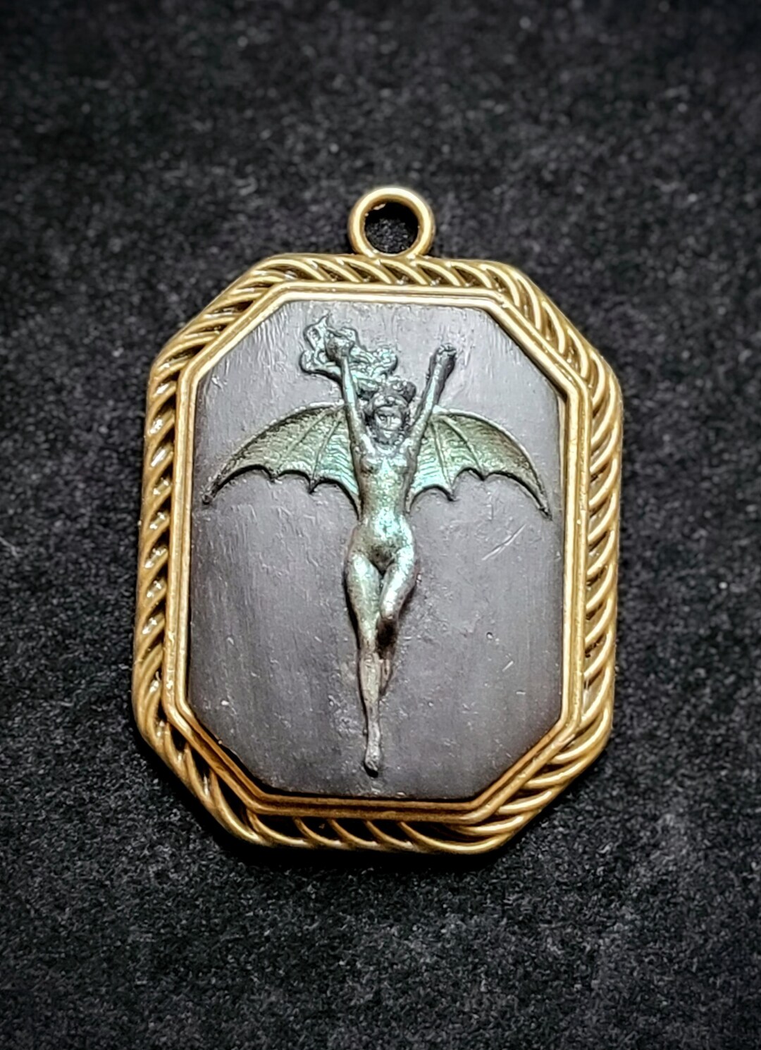 Octagon Cameo in Iridescent Green and Violet of Bat Woman or Devil - Etsy